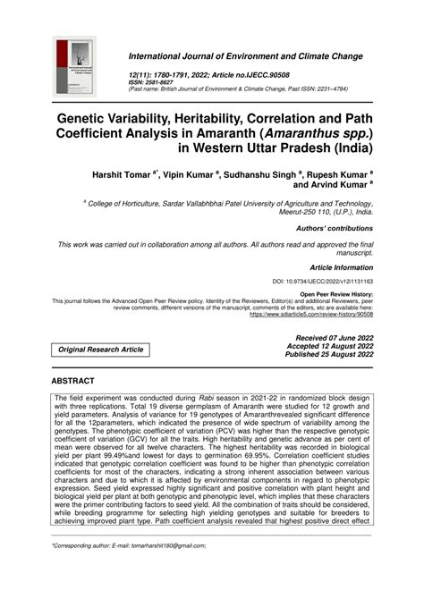 Pdf Genetic Variability Heritability Correlation And Path Coefficient Analysis In Amaranth