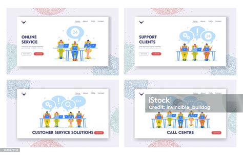 콜 센터 방문 페이지 템플릿 집합입니다 전문 기술 접수 담당자 캐릭터는 핫라인 고객 지원에서 작업합니다 코디네이터에 대한 스톡 벡터 아트 및 기타 이미지 Istock