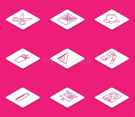 Set Line Scissors Triangular Ruler Office Folders Papers And Documents Ruler And Presentation