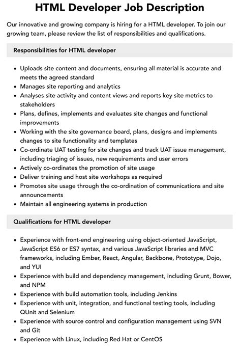 HTML Developer Job Description Velvet Jobs