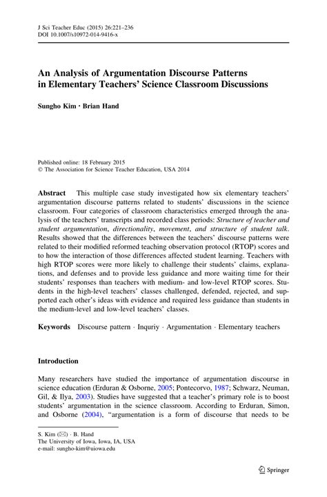 Pdf An Analysis Of Argumentation Discourse Patterns In Elementary