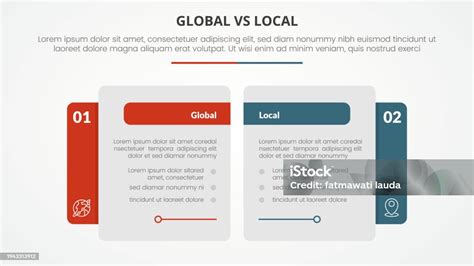 글로벌 대 로컬 대 비교 플랫 스타일의 창의적인 큰 테이블 측면이 있는 슬라이드 프레젠테이션을 위한 반대 인포그래픽 개념 인포그래픽에 대한 스톡 벡터 아트 및 기타 이미지