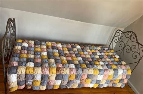 Cozy Patchwork Puff Quilt Handmade From Reused Fabrics Etsy
