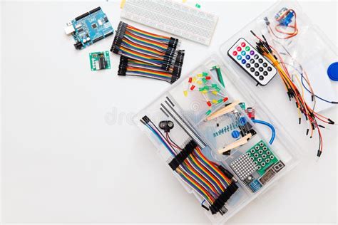 Diy Arduino Flat Layout On White Background Copy Space Electronic Workshop Components Stock