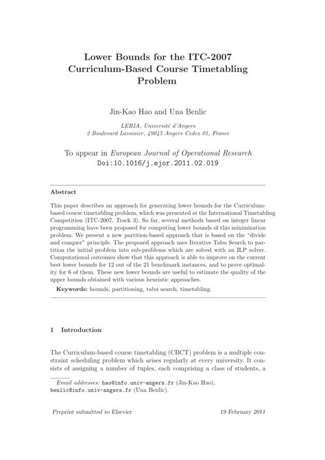 Pdf Lower Bounds For The Itc 2007 Curriculum Based Course Timetabling Problem