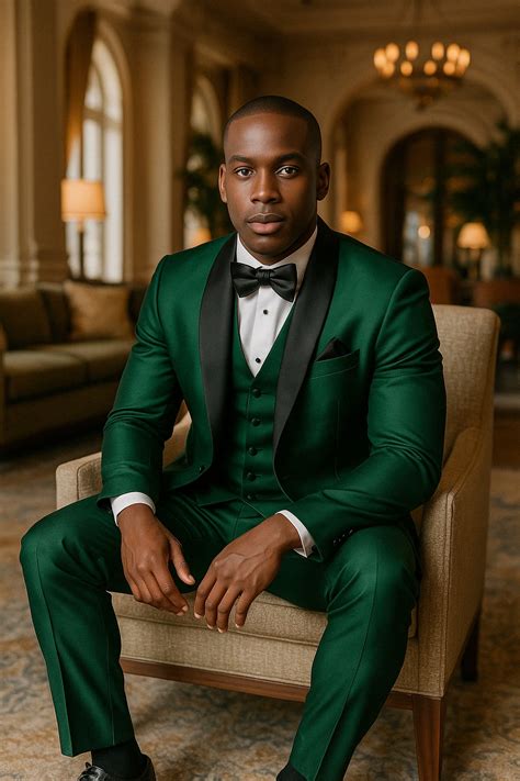 34 Mens Emerald Green Tuxedo With Black Satin Shawl Lapel 3 Piece
