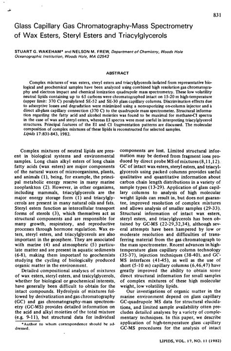 Pdf Glass Capillary Gas Chromatography Mass Spectrometry Of Wax Esters Steryl Esters And