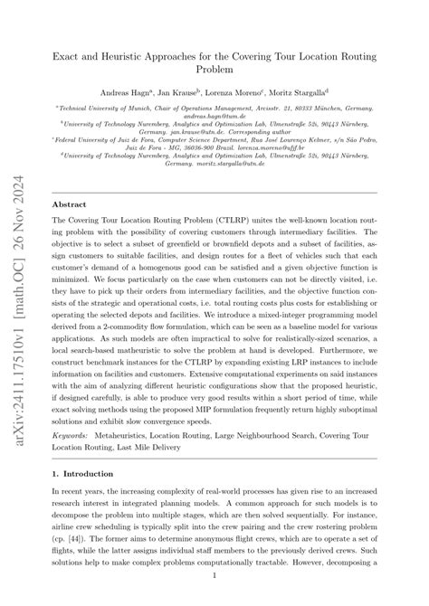 Pdf Exact And Heuristic Approaches For The Covering Tour Location Routing Problem