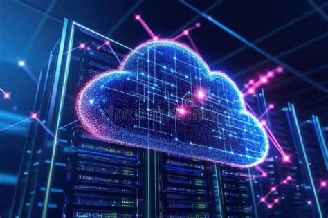 Futuristic Digital Cloud Over High Tech Server Room Environment Stock