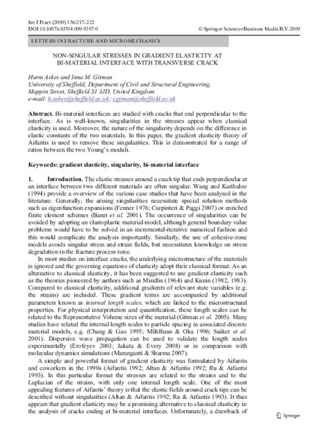 Pdf Non Singular Stresses In Gradient Elasticity At Bi Material Interface With Transverse Crack
