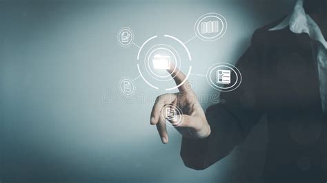 Business Woman Use Finger Touch Screen Folder Manage Fileonline Data Managementdocument