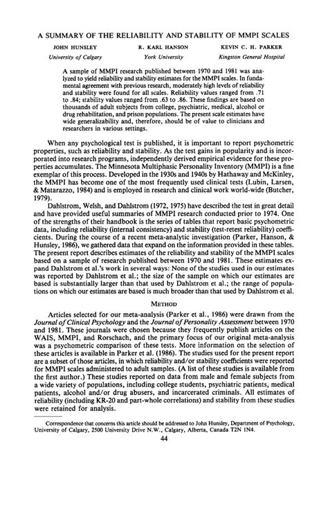 PDF A Summary Of Reliability And Stability Of MMPI Scales
