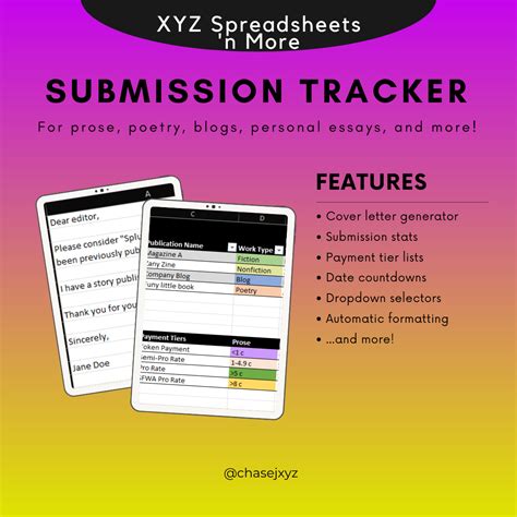 Writing Submission Tracker Spreadsheet By Chasejxyz