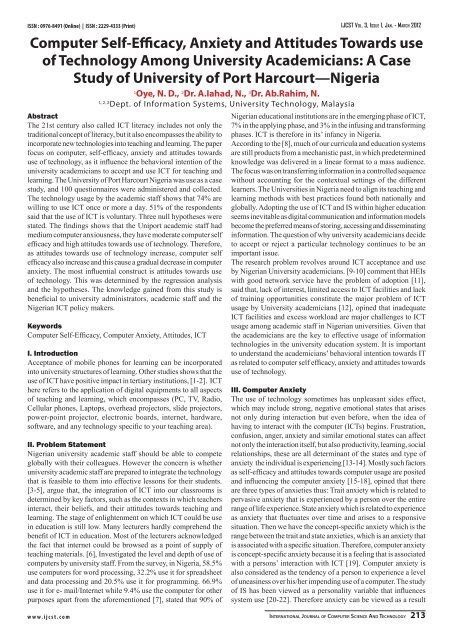 Computer Self Efficacy Anxiety And Attitudes Towards Use Ijcst
