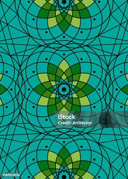 생명의 씨앗 상징 신성한 기하학 템플릿입니다 연금술의 기하학적 신비한 만다라 난해한 생명의 꽃 패턴 벡터 텍스처 신성한 연꽃 명상 부적 녹색 배경에 격리 0명에 대한 스톡