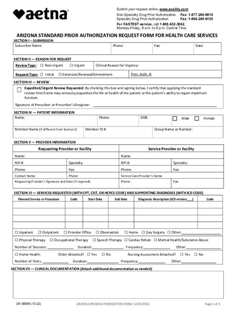 Fillable Online Aetna Arizona Standard Prior Authorization Request