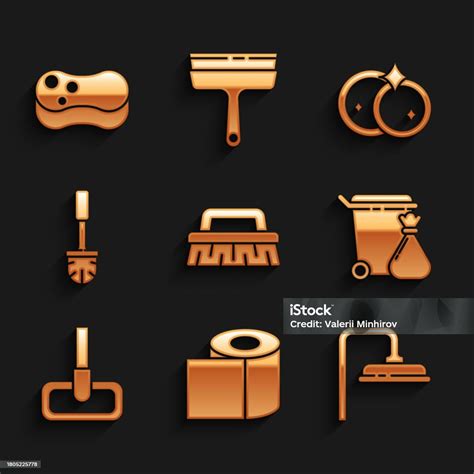 청소용 브러시 화장지 롤 샤워 헤드 쓰레기통 및 쓰레기 봉투 걸레 브러시 설거지 및 스폰지 아이콘을 설정합니다 벡터 가사 집안일에 대한 스톡 벡터 아트 및 기타 이미지