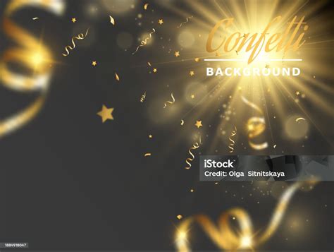 색종이 배경입니다 생일 기념일 축하 배너 떨어지는 반짝이는 황금색 색종이입니다 기념일 파티의 배경입니다 휴일 준비를 위한 요소 3차원 형태에 대한 스톡 벡터 아트 및 기타