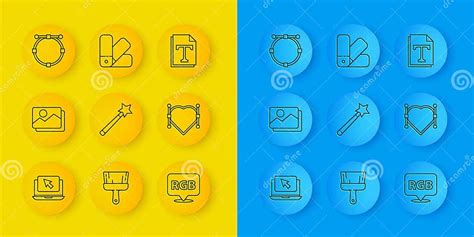 Set Line Laptop And Cursor Picture Landscape Magic Wand Speech Bubble With Rgb Cmyk Heart