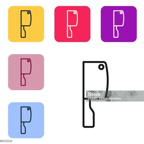 흰색 배경에 격리 된 검은 줄 고기 헬기 아이콘 고기 부엌 칼 정육점 칼 색상 정사각형 단추로 아이콘을 설정합니다 벡터 가정