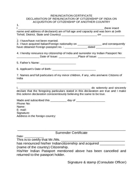 Renunciation Certificatedeclaration Of Renunciation Of Citizenship Of Doc Template Pdffiller