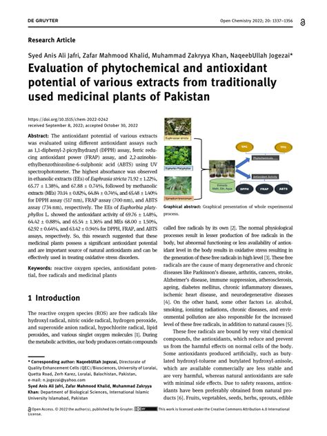 Pdf Evaluation Of Phytochemical And Antioxidant Potential Of Various
