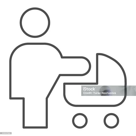 유모차 얇은 라인 아이콘을 가진 여자입니다 아기 유모차 또는 마차 기호와 어머니 흰색 배경에 윤곽 스타일 그림 모바일 개념 및