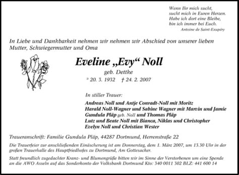 Traueranzeigen Von Eveline Noll Trauer In Nrw De