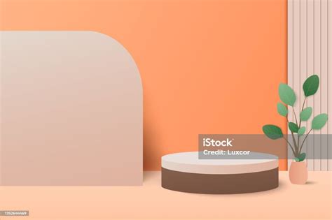 기하학적 형태의 최소 장면입니다 기둥에 종이 잎크림 배경의 실린더 연단 화장품 쇼케이스 숍프론트 디스플레이 케이스를 보여주는