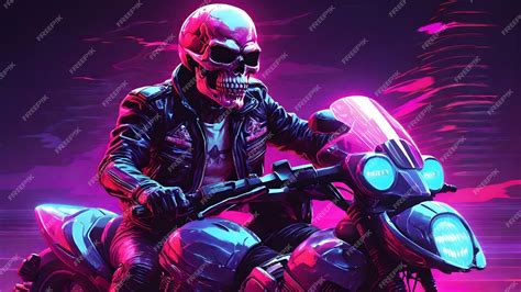 Premium Photo A Skull Man Is Riding A Motorbike Synthwave Retrowave