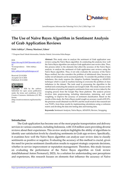 Pdf The Use Of Naïve Bayes Algorithm In Sentiment Analysis Of Grab
