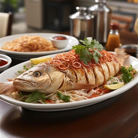 Premium Ai Image Thai Red Snapper Whole Snapper Deepfried And Topped With Aromatic Sauce And