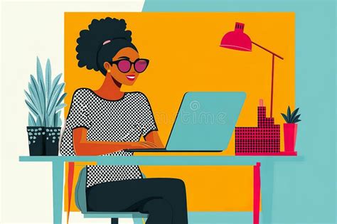 Young Woman Working With Laptop Vector Flat Style Illustration Ai Gen Stock Illustration