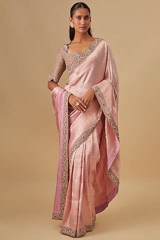 Pink Banarasi Silk Zardosi Embroidered Bridal Saree Set By Jayanti