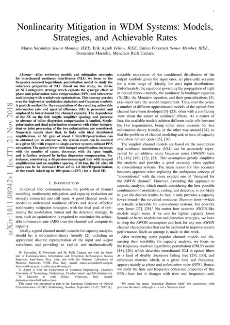 Pdf Nonlinearity Mitigation In Wdm Systems Models Strategies And Achievable Rates