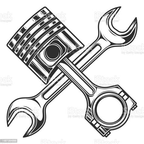 엔진 피스톤과 기계식 스패너 렌치 도구는 흰색 배경에 격리된 단색 그림에 서비스 수리 자동차와 트럭 사업을 한다 강철에 대한