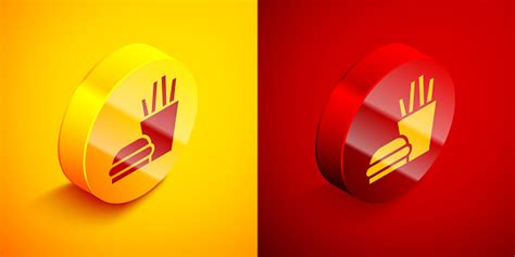 오렌지와 빨간색 배경에 격리 판지 패키지 상자 아이콘아이소메트릭 버거와 감자 튀김 햄버거 치즈 버거 샌드위치 패스트 푸드 원 버튼 벡터 일러스트레이션 3차원 형태에 대한