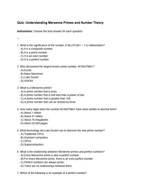 Quiz Understanding Mersenne Primes And Number Theory Pdf Prime