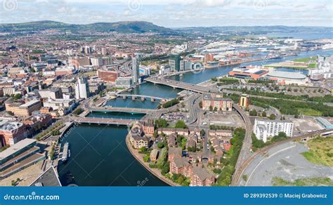 Aerial View On Buildings And Lagan River In City Center Of Belfast