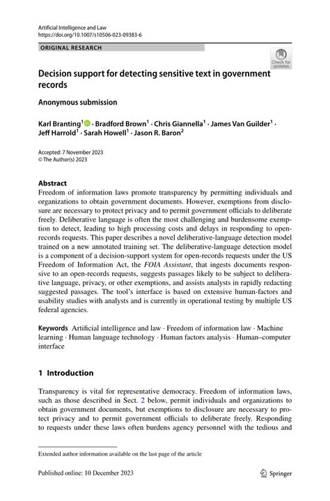 Pdf Decision Support For Detecting Sensitive Text In Government Records Anonymous Submission