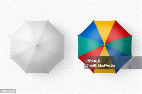 벡터 3d 사실적인 렌더링 흰색 및 색상 빈 우산 아이콘 투명 한 배경에 격리 닫닫기 설정 합니다 모형 브랜딩 광고 등을 위한 열린 파라솔의 디자인 템플릿 맨 위 보기