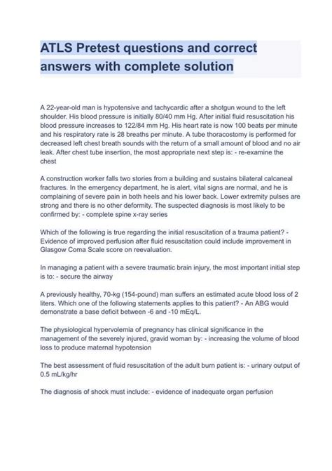 Atls Pretest Questions And Correct Answers With Complete Solution Atls Pretest Quetions And