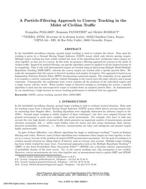 Pdf A Particle Filtering Approach To Convoy Tracking In The Midst Of Civilian Traffic