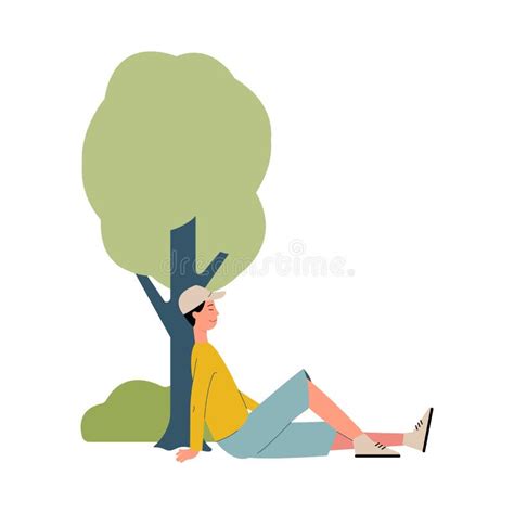 Man Resting On Lawn Under Tree In City Park Flat Vector Illustration