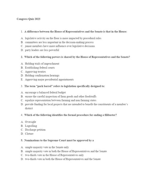 Congress Week 2 Quiz Ap Goverment Pdf United States House Of