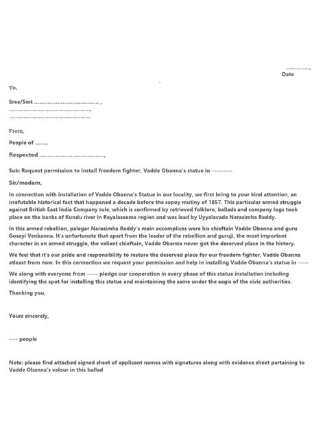 Vadde Obanna Statue Installation Request Pdf