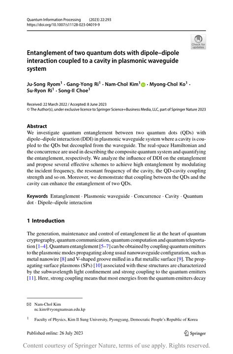 Entanglement Of Two Quantum Dots With Dipoledipole Interaction Coupled To A Cavity In Plasmonic
