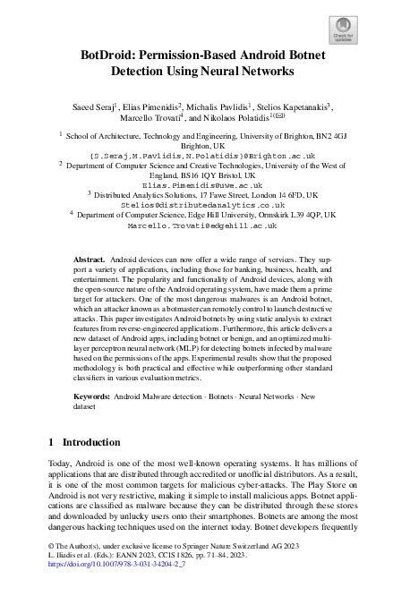 Pdf Botdroid Permission Based Android Botnet Detection Using Neural
