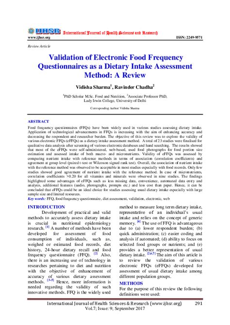 Pdf Validation Of Electronic Food Frequency Questionnaires As A Dietary Intake Assessment