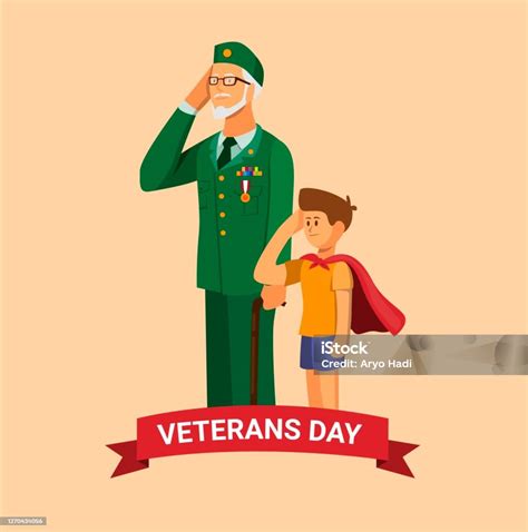 재향 군인의 날 만화 일러스트 벡터에서 국기 축하 기호에 경례와 존경을주는 손자와 육군 베테랑 경례에 대한 스톡 벡터 아트 및 기타 이미지 Istock